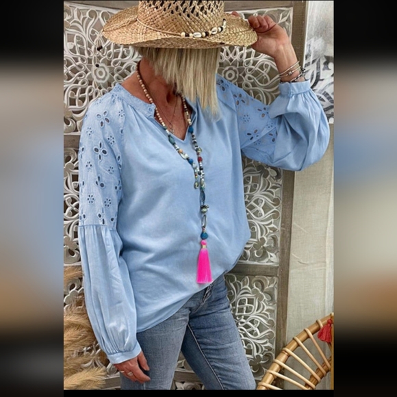 Tops | Womens Lace Light Blue Blouse | Poshmark